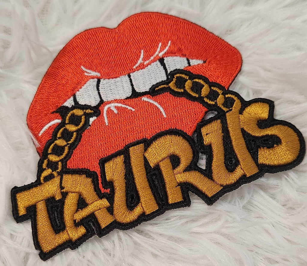 New Color, Poppin' Red Lip "Taurus" w/DARK Gold Chain|Iron-On Patch|As ...